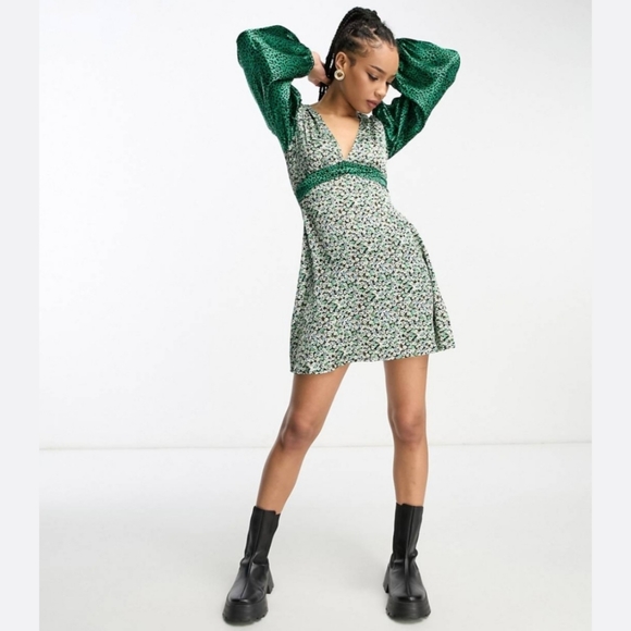 ASOS | Dresses | Asos Green Satin Mini Dress In Floral Cheetah Mix ...